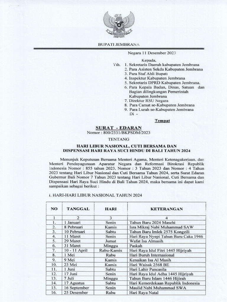 Surat Edaran Cuti Bersama Tahun 2024 | PDF Surat Edaran Cuti Bersama Tahun 2024 | PDF