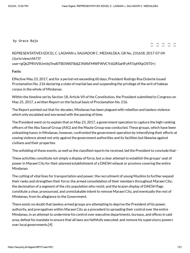 Case Digest - REPRESENTATIVES EDCEL C. LAGMAN v. SALVADOR C. MEDIALDEA ...