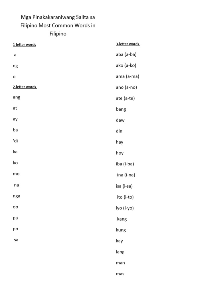 Mga Pinakakaraniwang Salita Sa Filipino Most Common Words in Filipino | PDF