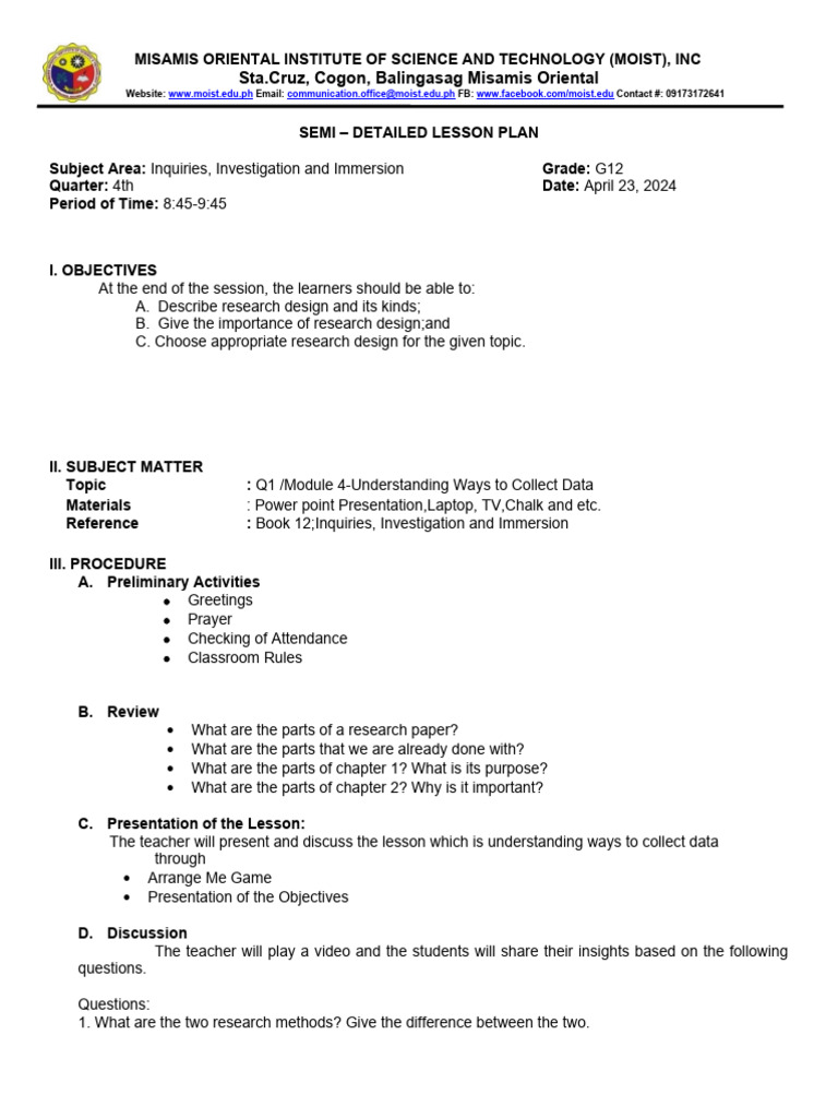 G12 Lesson Plan on Research Design | PDF | Cognition | Learning