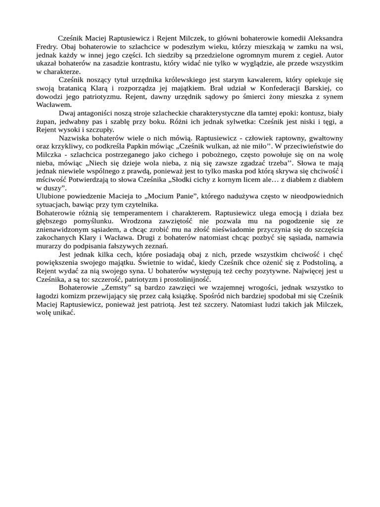 Zemsta - Charakterystyka Porównawcza | PDF