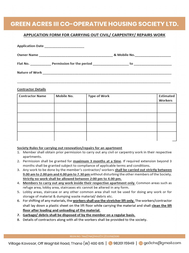 Application Form - Renovation Work | Download Free PDF | Apartment