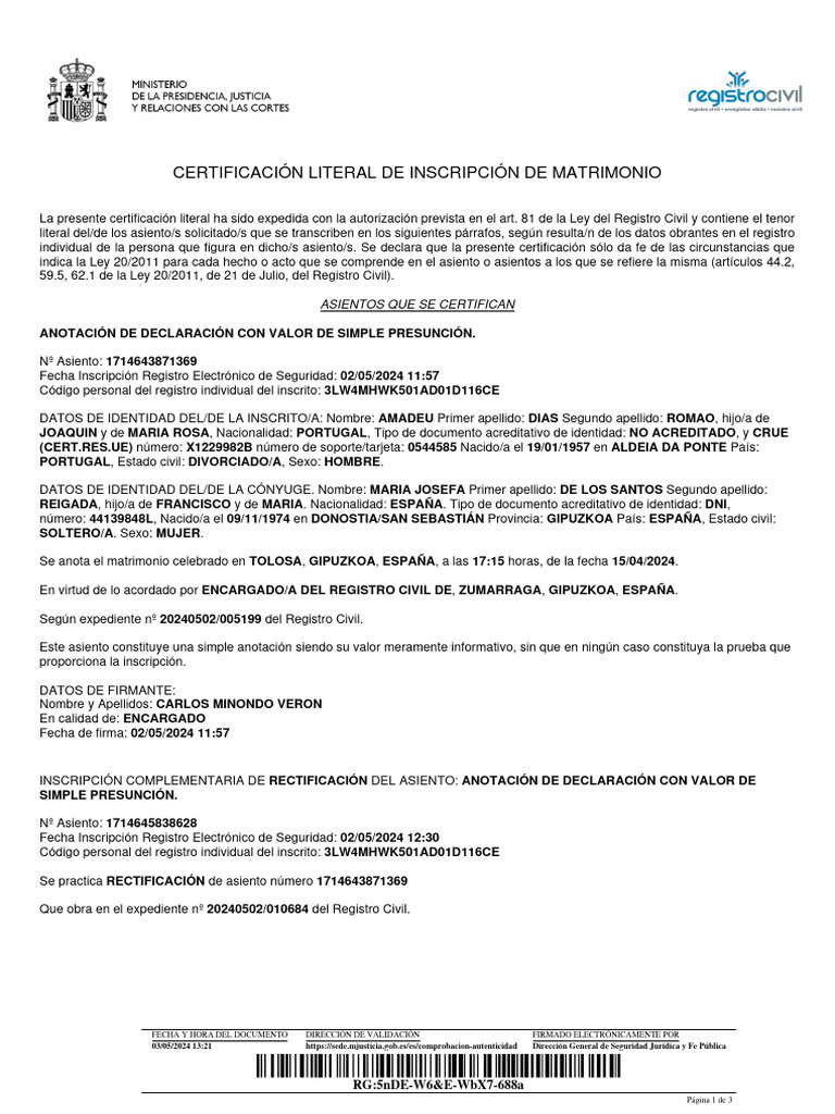 Lit Mat 2024050313215910774866 | PDF | Documento de identidad | Matrimonio, Sindicatos Y Alianzas