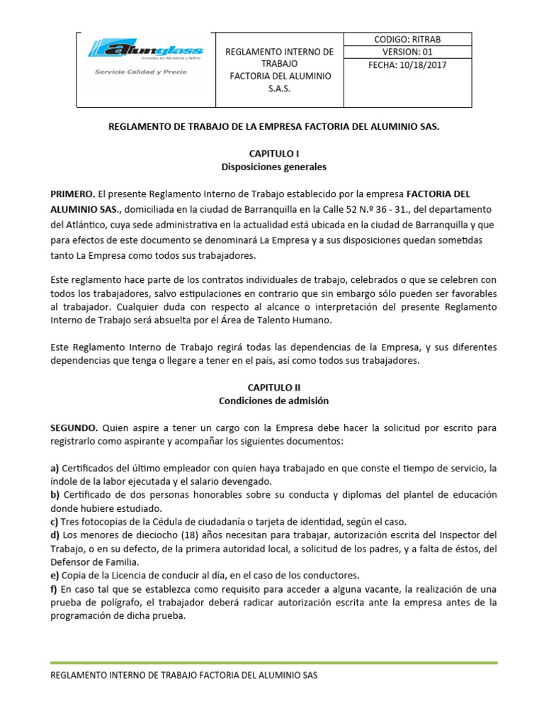 Reglamento Interno de Trabajo SAS | PDF | Tiempo de trabajo | Derecho ...