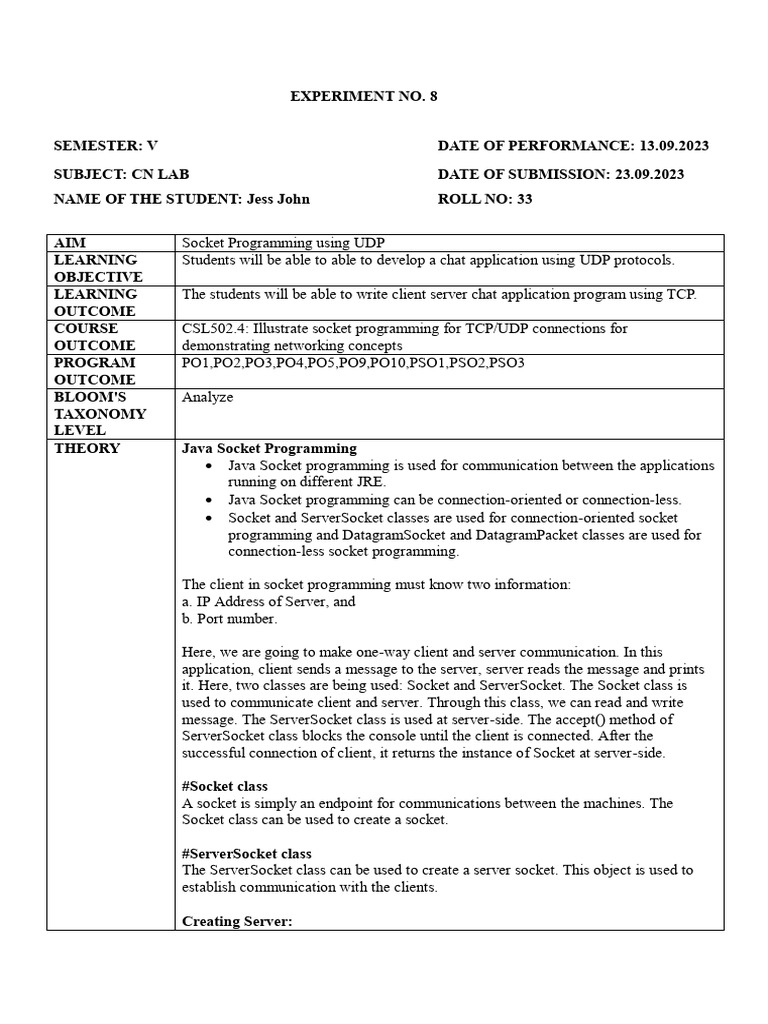 33 Jess Exp8 | PDF | Network Socket | Port (Computer Networking)