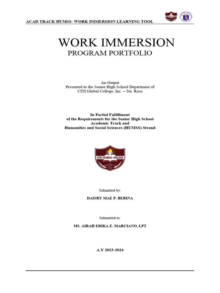 FTF Work Immersion Portfolio Humss | PDF | Learning | Partnership