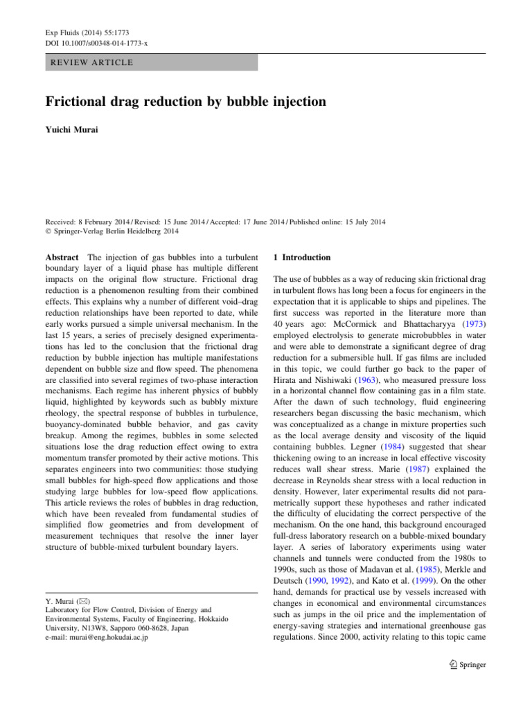 Frictional Drag Reduction By Bubble Injection Pdf Boundary Layer