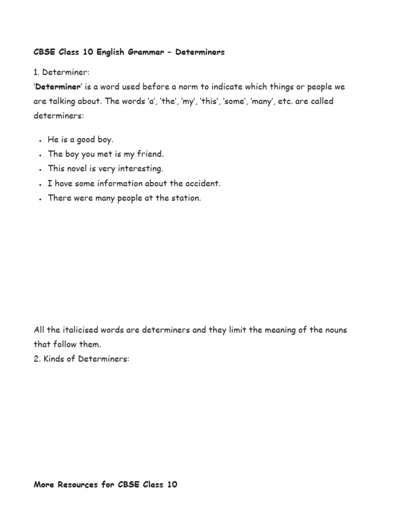 CBSE Class 10 English Grammar - Determiners | PDF | Noun | Grammatical ...