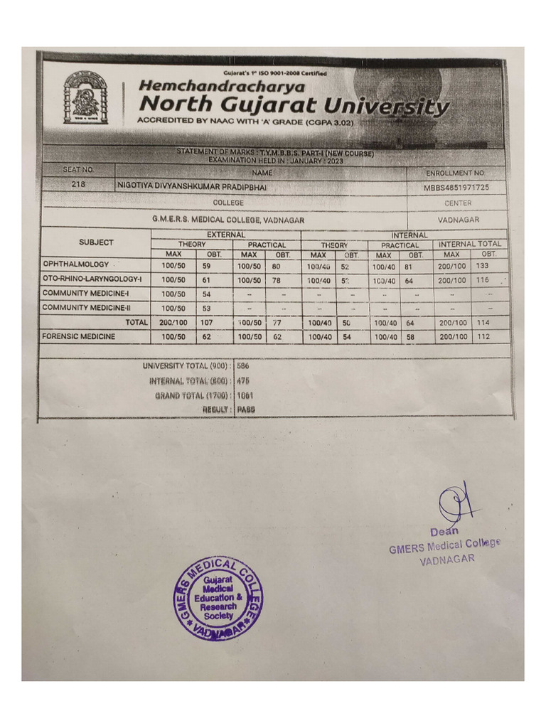 3rd Yr Marksheet | PDF