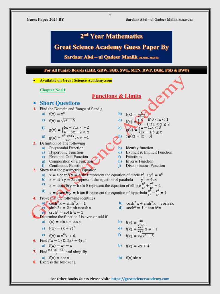 Class 12 Math Guess Paper 2024 | PDF | Coordinate System | Derivative