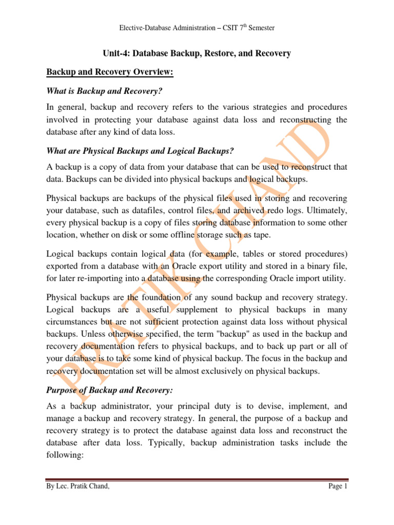 Unit 4 Database Backup Restore And Recovery Pdf Backup Databases