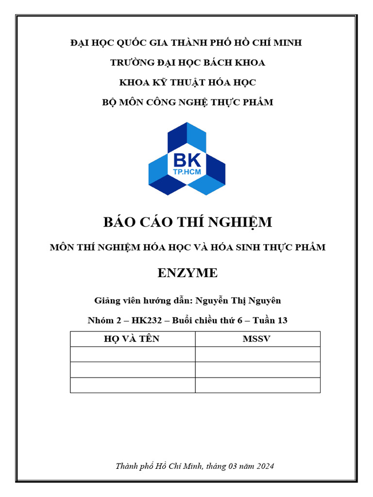 Thí nghiệm hóa học và hóa sinh thực phẩm BKU - Bài 06. Enzyme - FINAL | PDF