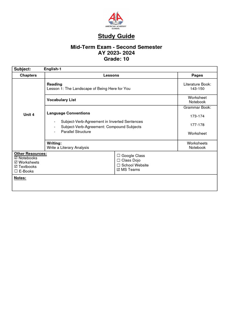 Gr. 10_Mid-Term Exam Study Guide AY 2023-2024 | PDF | Verb | Subject ...