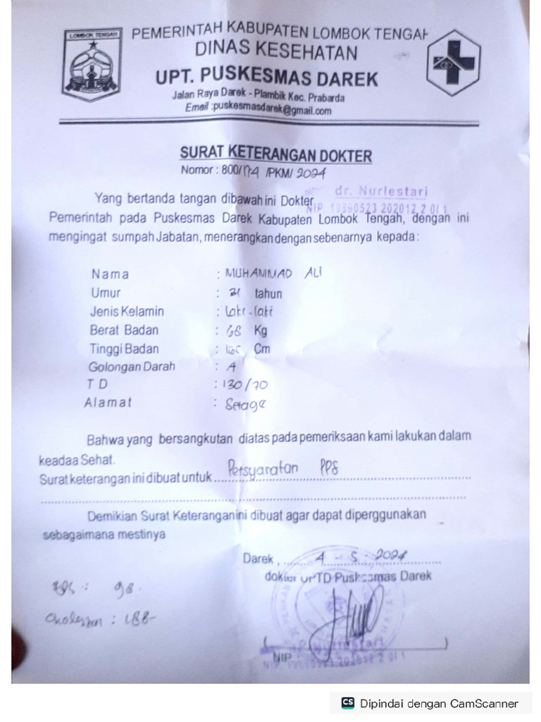 Surat Keterangan Sehat Ali | PDF