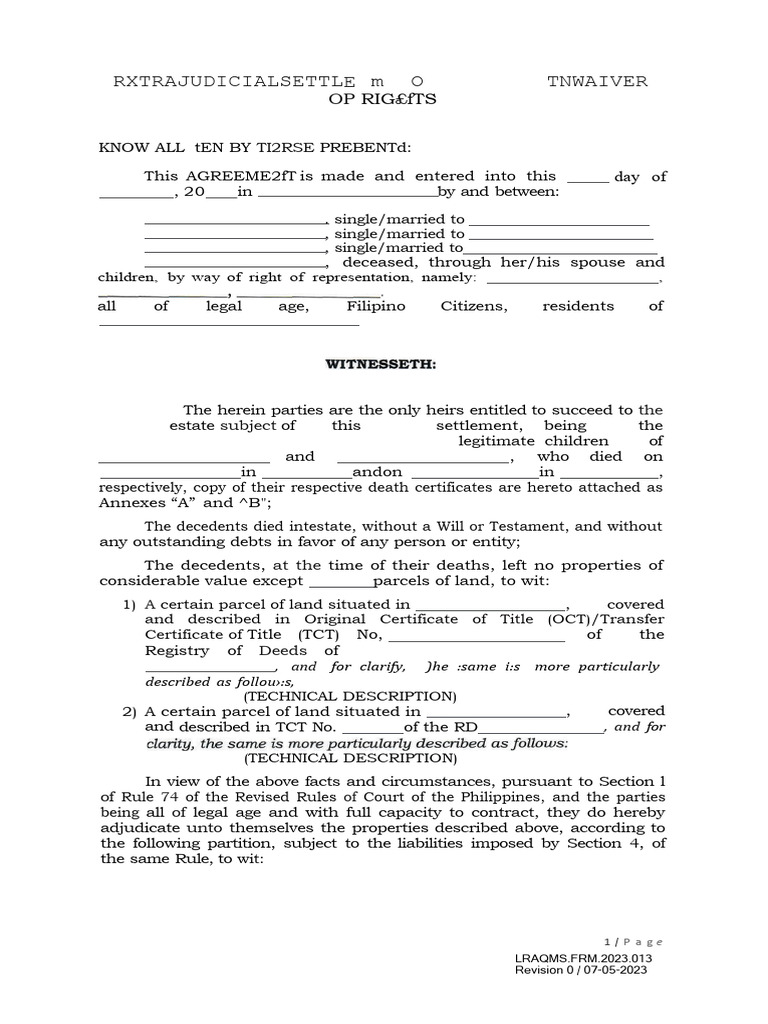 Extra Judicial Settlement of Estate With Waiver of Rights | Download ... Extra Judicial Settlement of Estate With Waiver of Rights | Download ...
