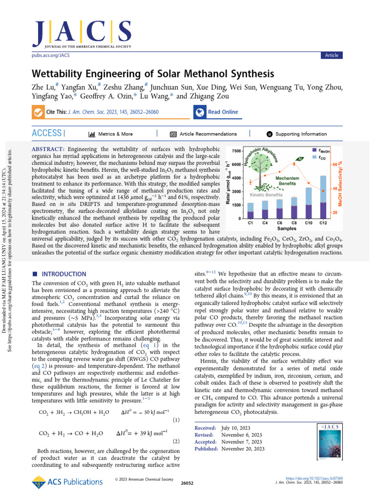 Lu Et Al 2023 Wettability Engineering of Solar Methanol Synthesis | PDF ...