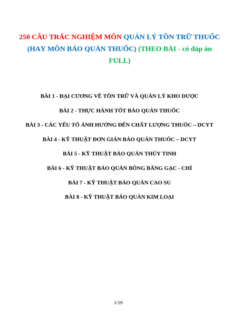 123doc 250 Cau Trac Nghiem Mon Quan Ly Ton Tru Thuoc Hay Mon Bao Quan Thuoc Theo Bai Co Dap An ...