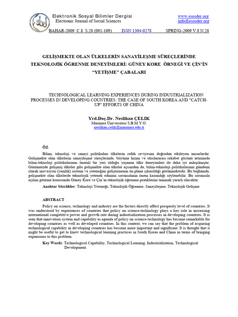 Gel Mekte Olan Lkeler N Sanay Le Me S Re Ler Nde Teknoloj K Renme Deney Mler G Ney Kore Rne Ve N ...