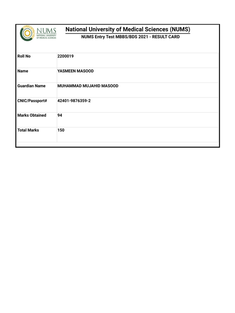 NUMS Result CARD | PDF
