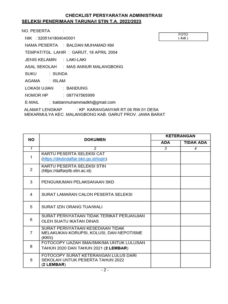 Checklist Persyaratan STIN 2022/2023 | PDF