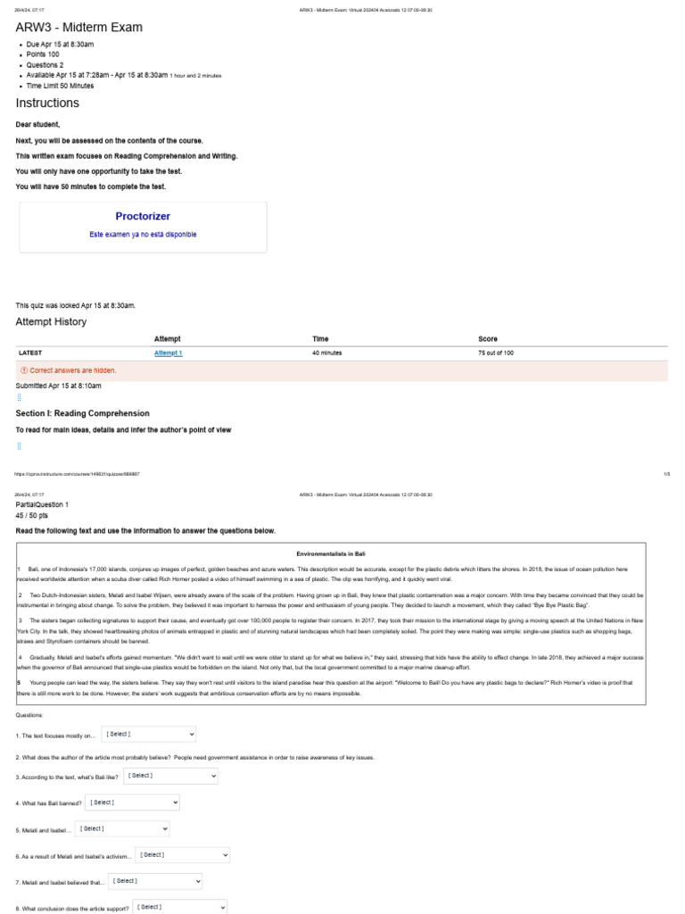 ARW3 - Midterm Exam - Virtual 202404 Avanzado 12 07 - 00-08 - 30 | PDF | Climate Change | Sea ...