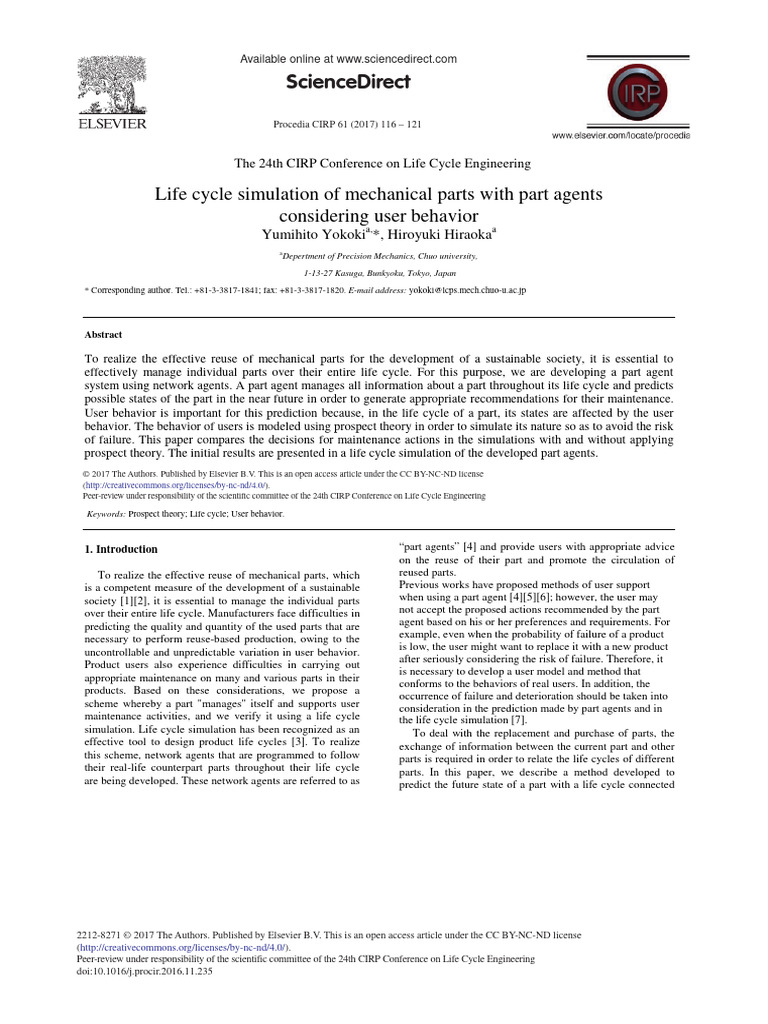 Sciencedirect: Life Cycle Simulation of Mechanical Parts With Part Agents Considering User ...