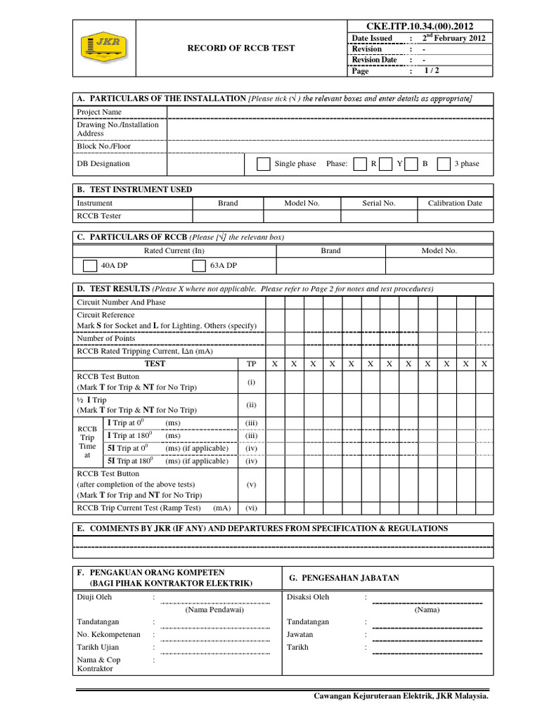 JKR Record of RCCB Test | PDF | Electrical Engineering | Electricity