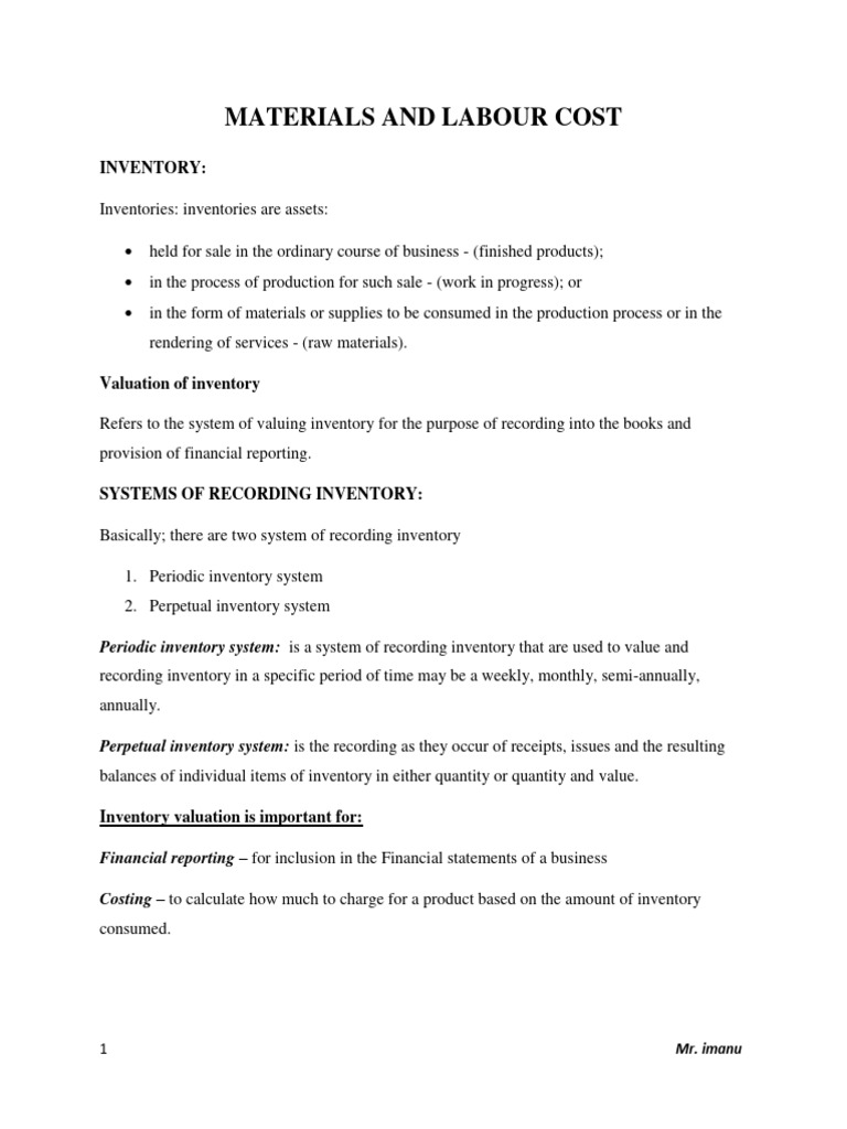 Material and Labour Cost . | PDF | Overtime | Inventory