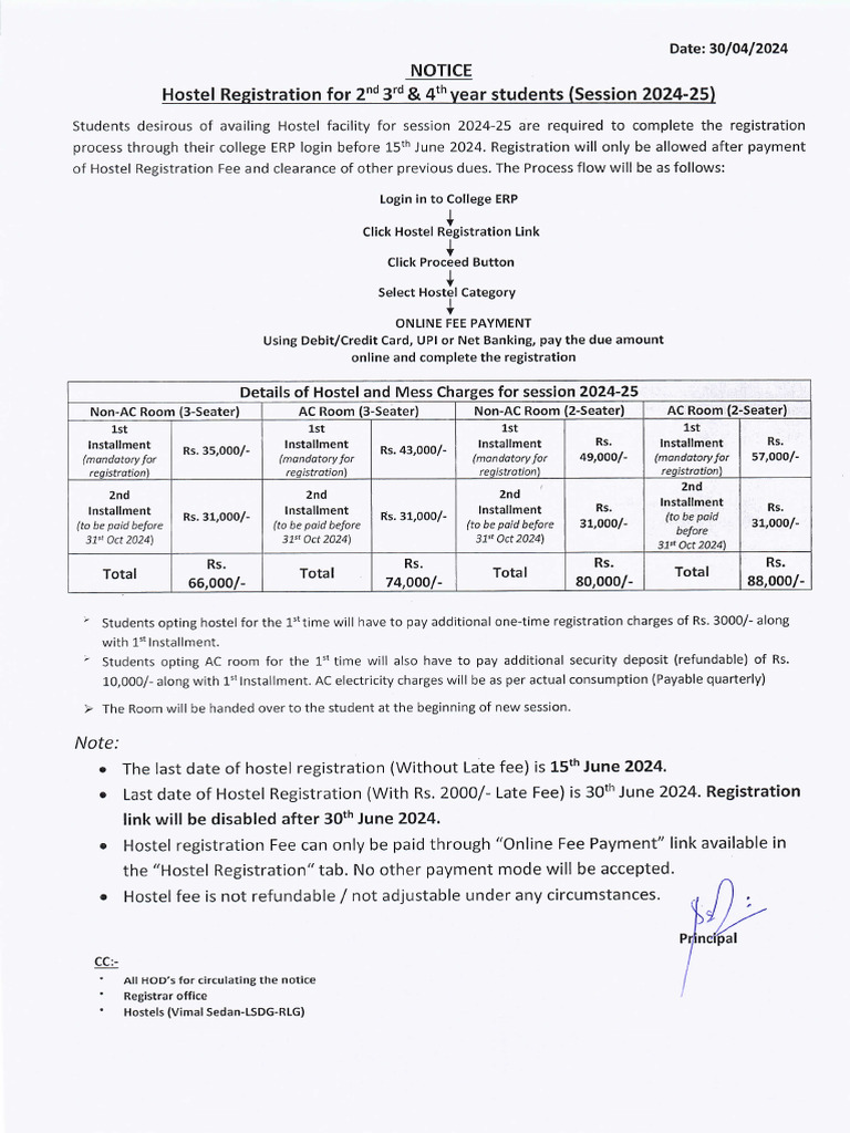 Hostel Registration Notice (2024-25) | PDF
