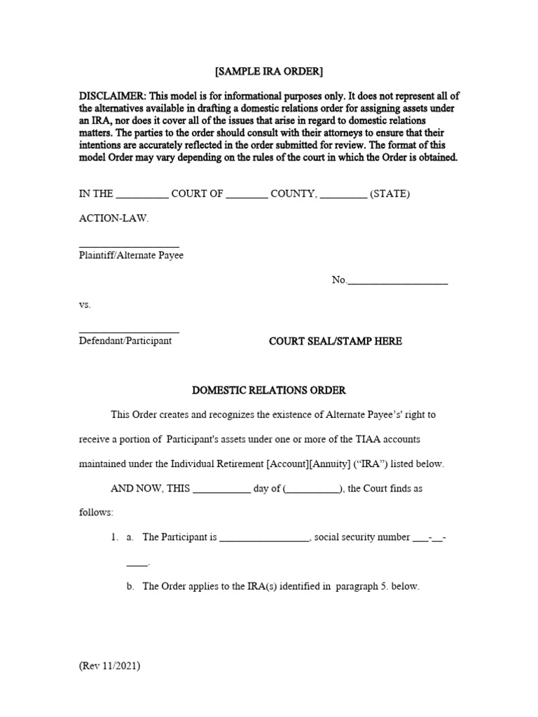 IRA Domestic Relations Order Template | PDF | Alimony | Individual ...