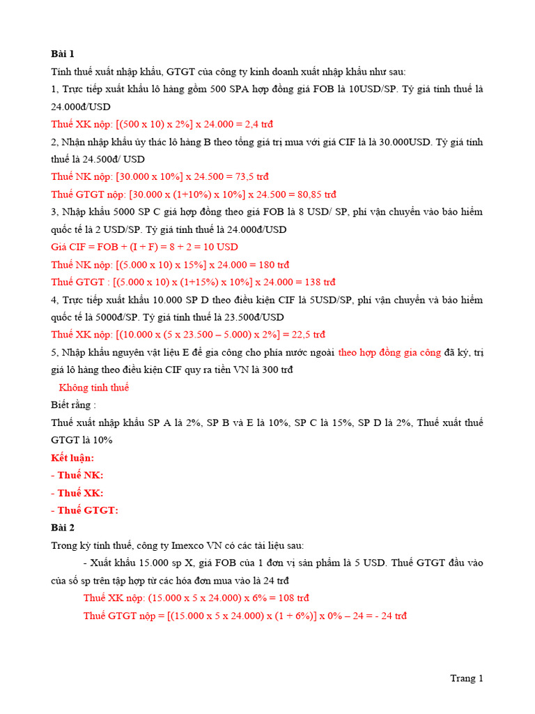 BÀI TẬP GTGT, TTĐB, XNK (1) | PDF