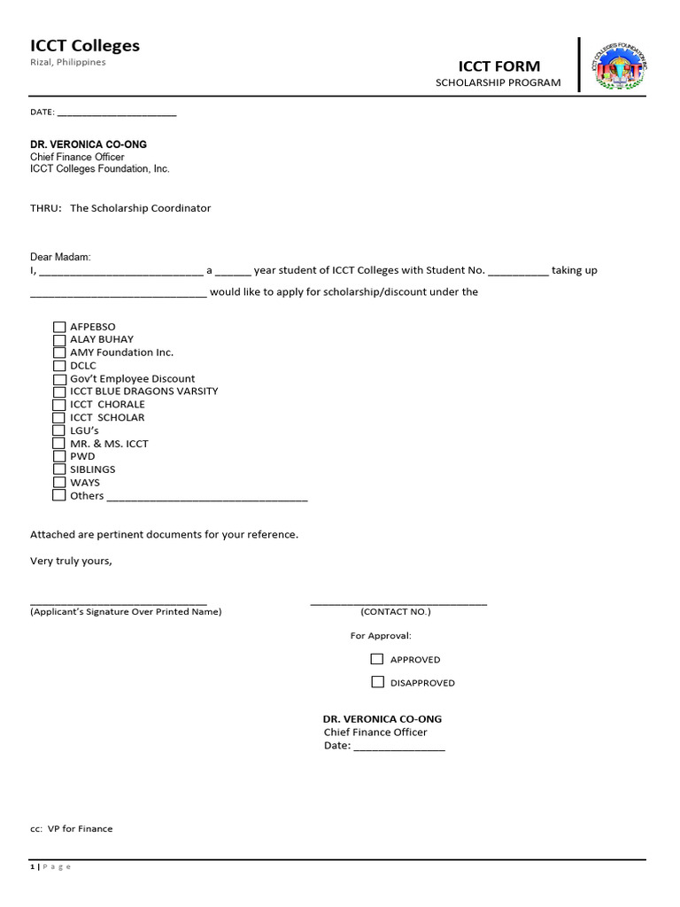 ICCT Colleges Scholarship Application Form | PDF