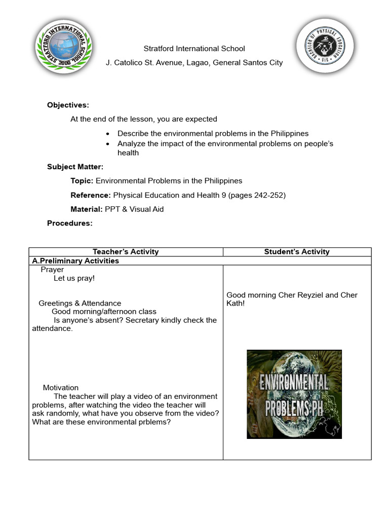 detailed lesson plan in health 9(environmental problems in the ...
