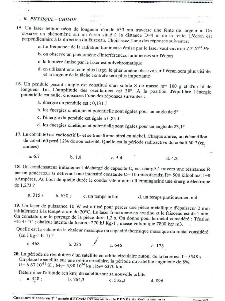 Concours Ensa Safi 2012 Physique Chimie Epreuve | PDF