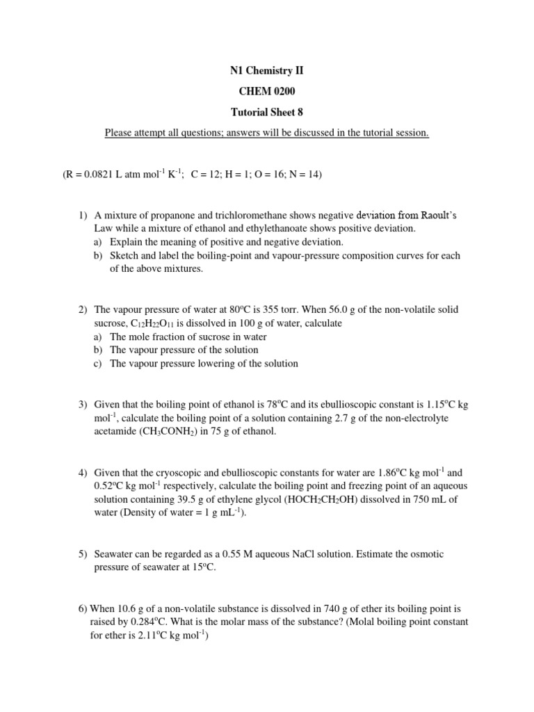 CHEM 0200 Tutorial Sheet 8 | PDF | Science & Mathematics