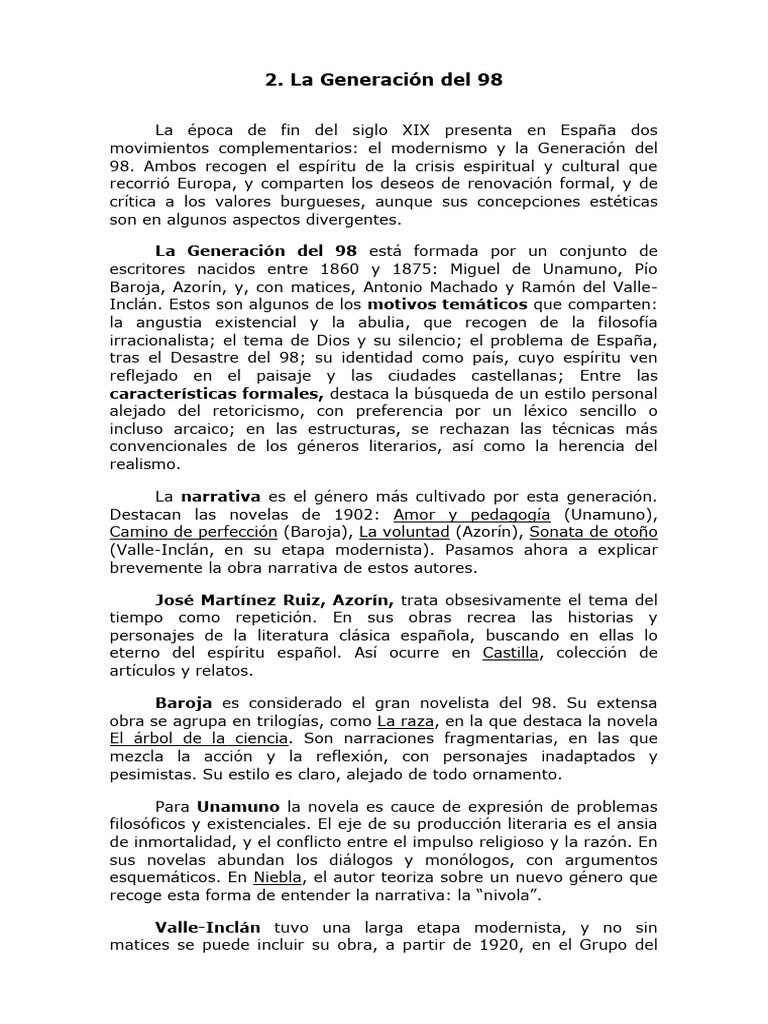 Generación del 98: Literatura y Autores | PDF