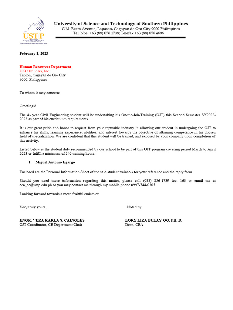 OJT Request for Civil Engineering Student | PDF | Career & Growth