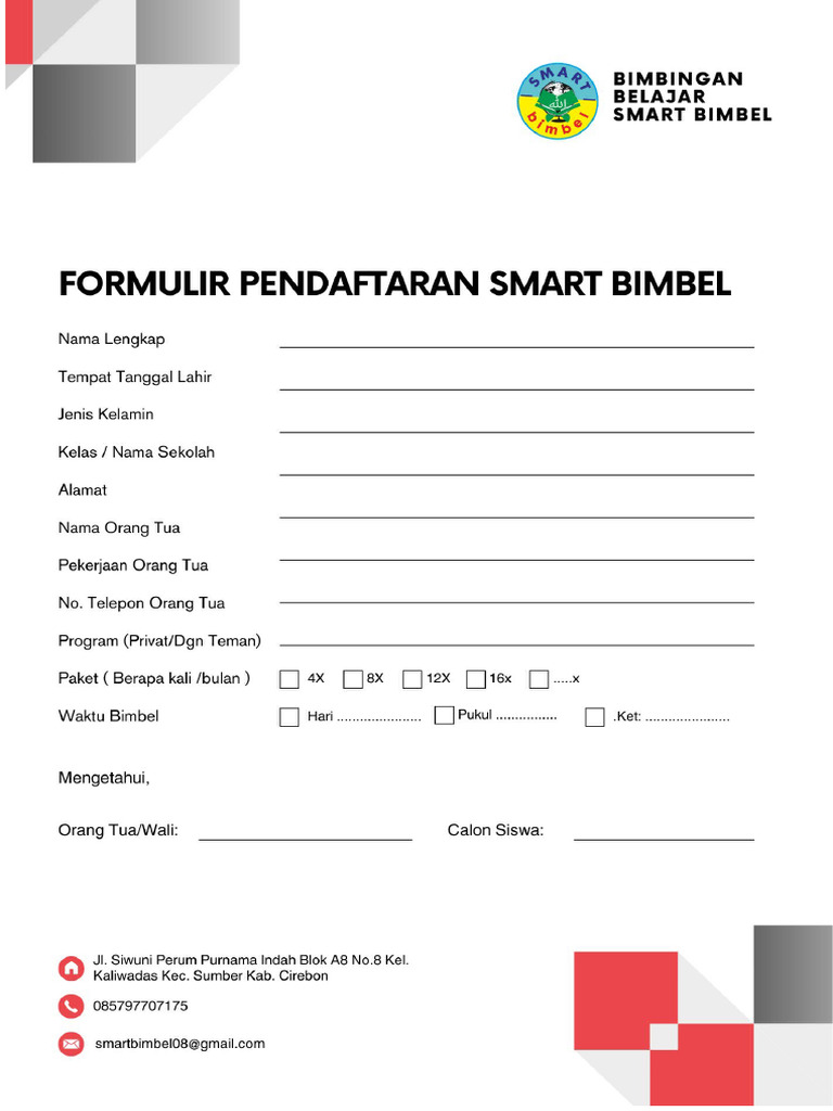 Formulir Pendaftaran Smart Bimbel New | PDF