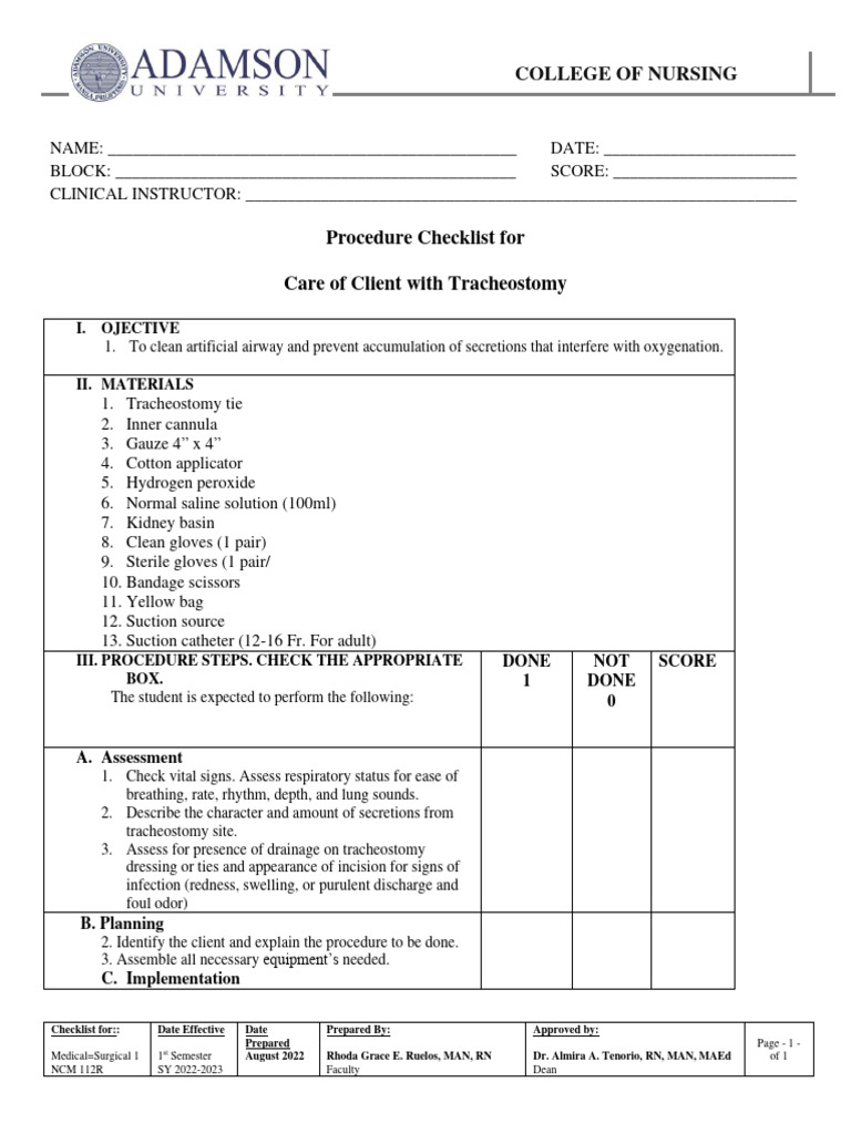 Tracheostomy Care Procedure Checklist | PDF | Clinical Medicine ...