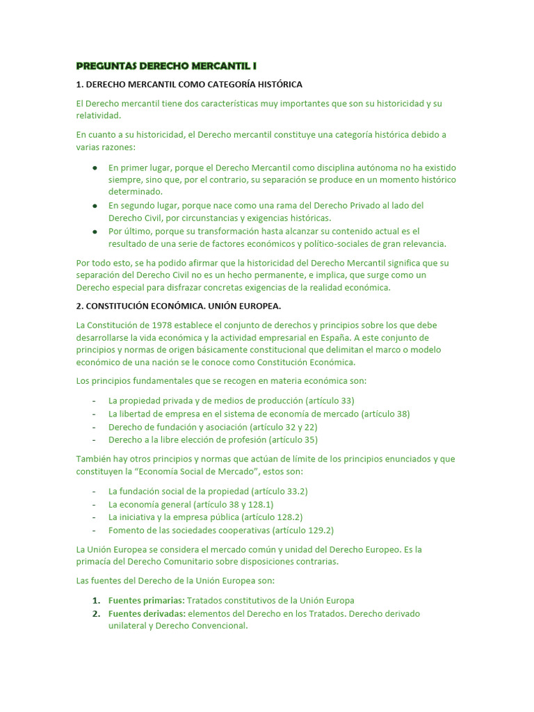 Preguntas Derecho Mercantil I | PDF | Contabilidad | Ley de la Unión Europea