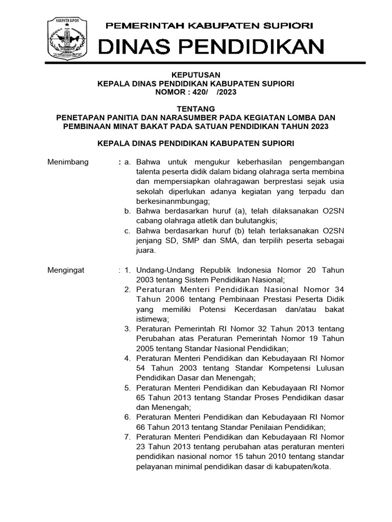 SK Pemenang Lomba O2Sn Tingkat Kabupaten 2024 | PDF