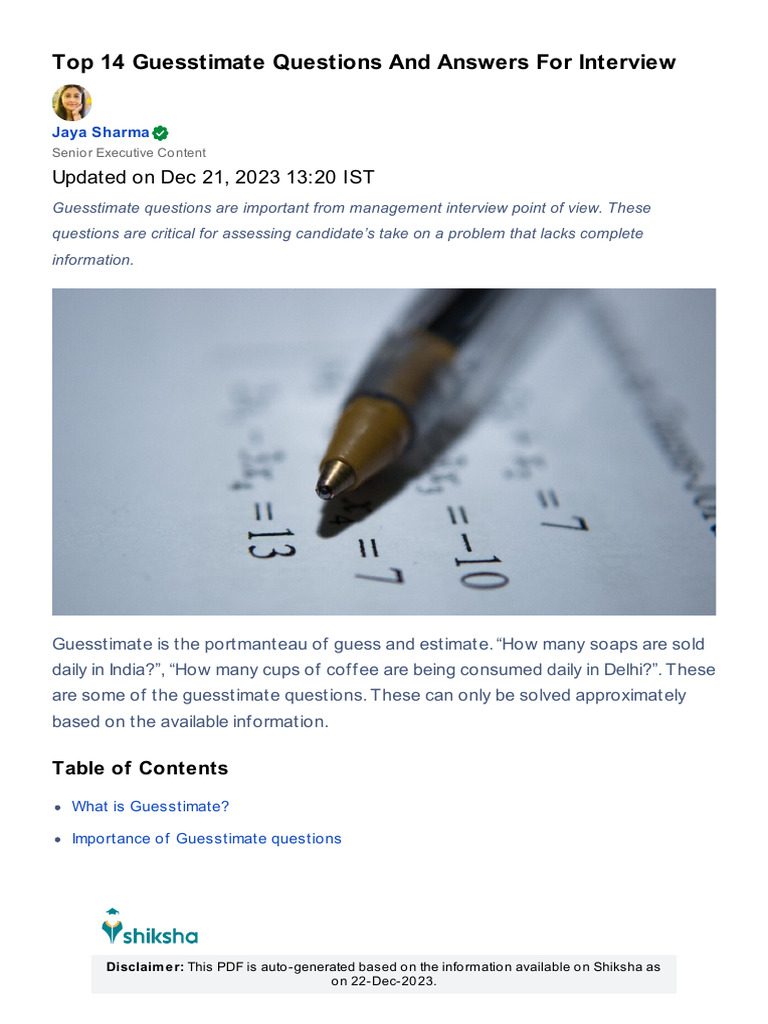 Top 14 Guesstimate Questions and Answers For Interview: Updated On Dec 21, 2023 13:20 IST | PDF ...