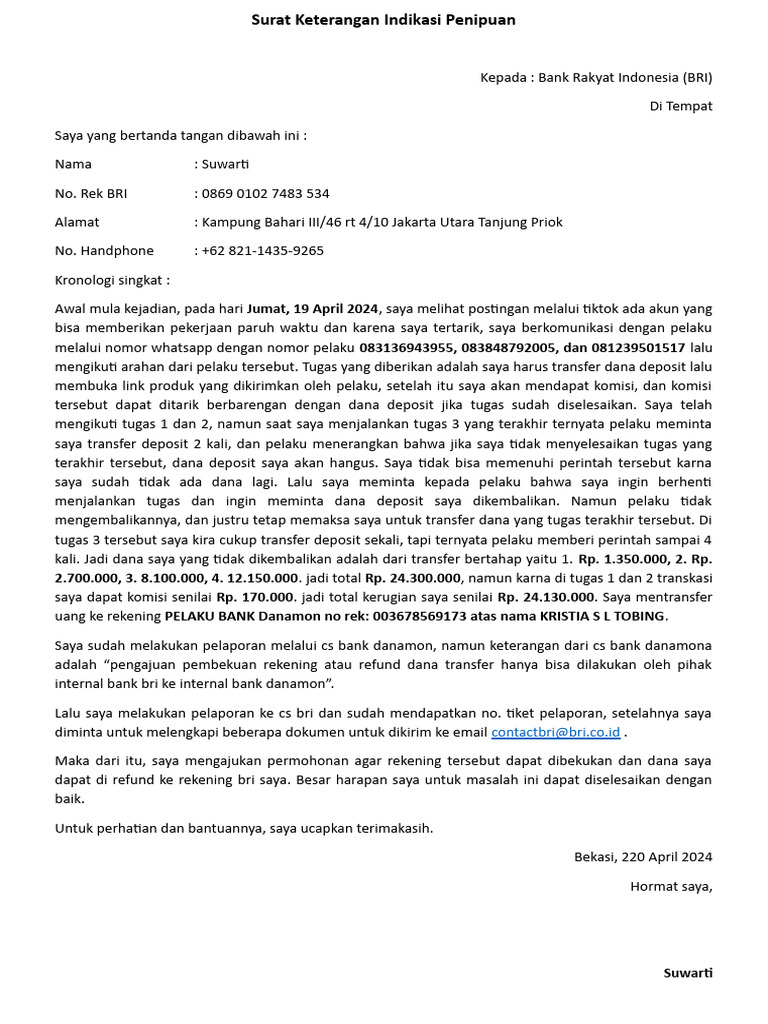 Surat Pernyataan Indikasi Penipuan BRI | PDF
