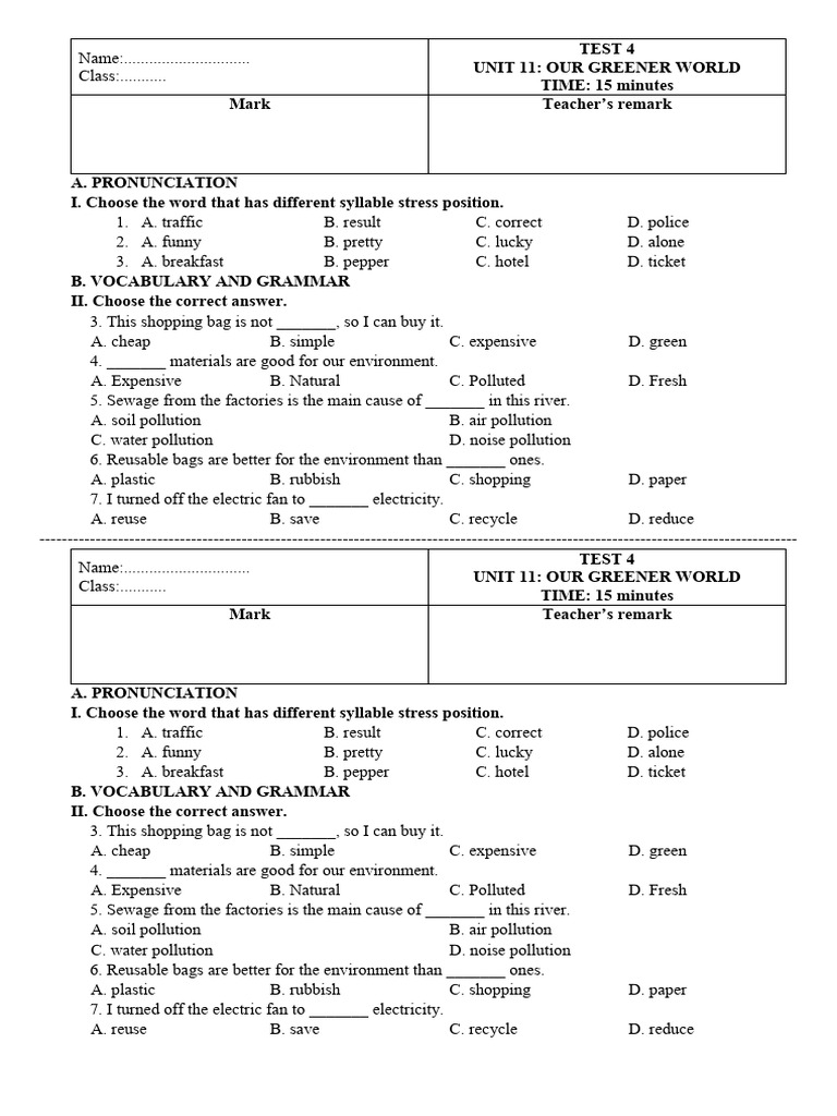 Unit 11 - Test 15' | PDF | Reuse | Waste