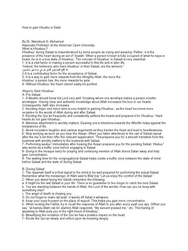 How To Gain Khushu in Salat | PDF