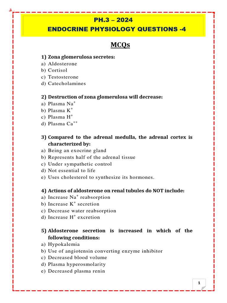 PH3. 2024. Endocrine Physiology Questions-4 | PDF | Cortisol | Adrenal Gland