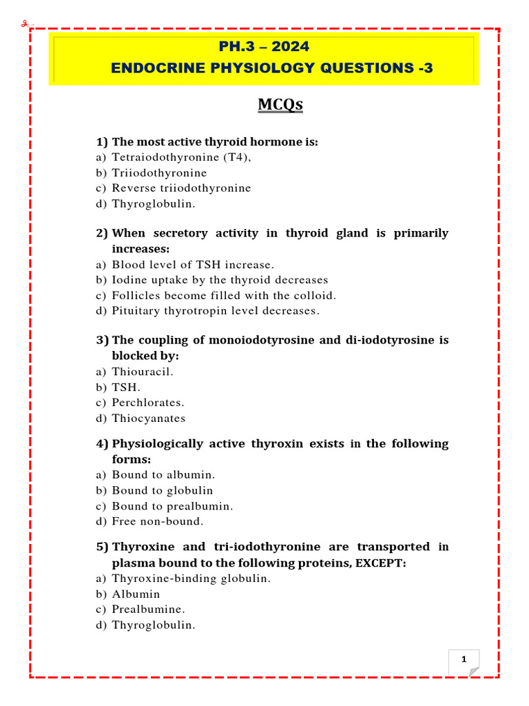 PH3. 2024. Endocrine Physiology Questions-3 | PDF | Thyroid Stimulating Hormone | Thyroid