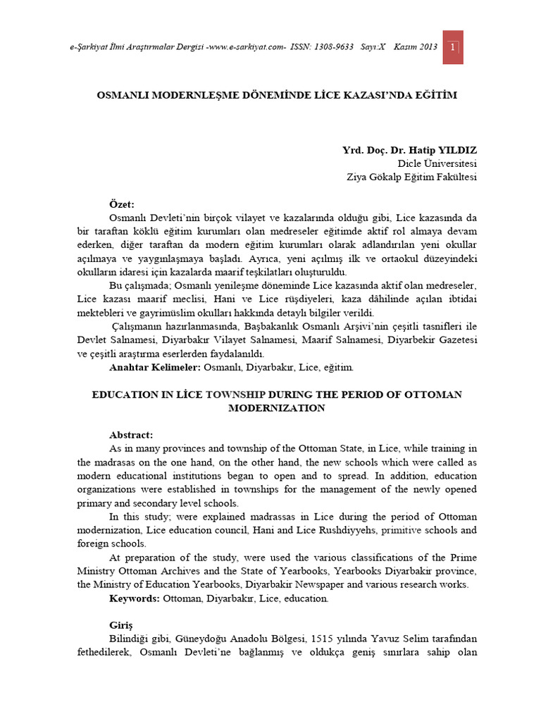 Osmanl Modernle Me D Neminde Lice Kazas Nda E Itim (#134385) - 116017 | PDF
