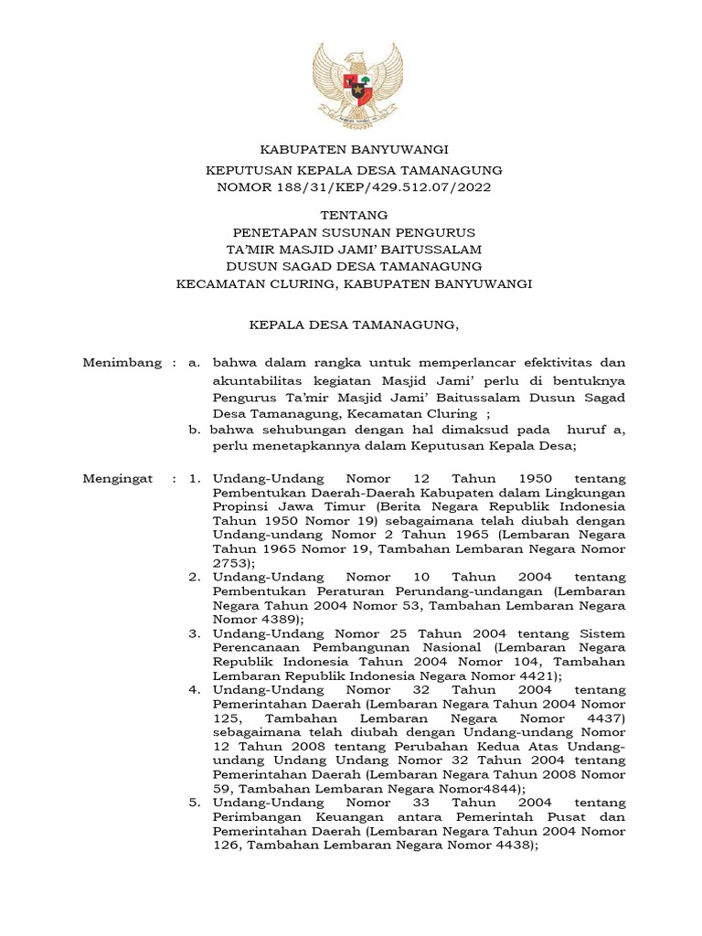 Susunan Pengurus Ta'mir Masjid Jami' | PDF