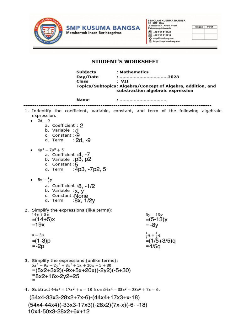 Algebra Students Worksheet 1 | PDF